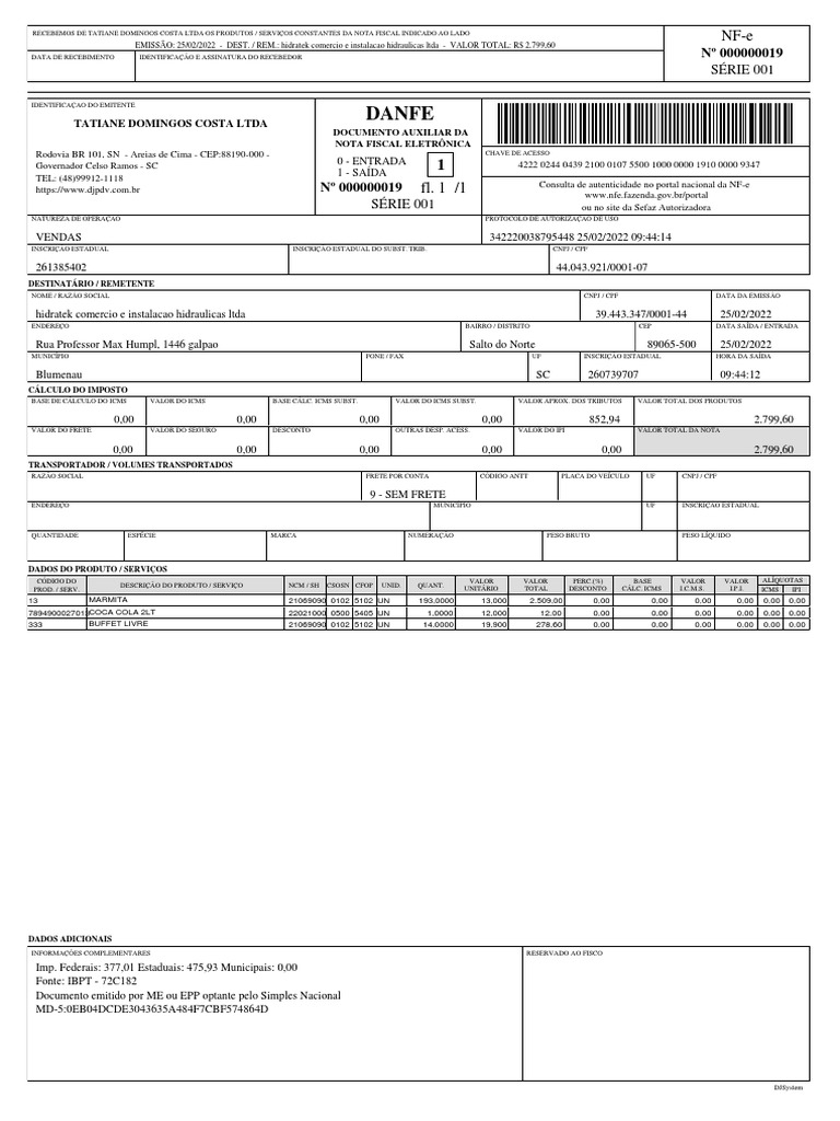 Danfe: SÉRIE 001 | PDF | Recibo | Documento