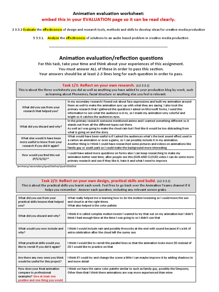 Animation Evaluation Worksheet 2223 | PDF | Worksheet