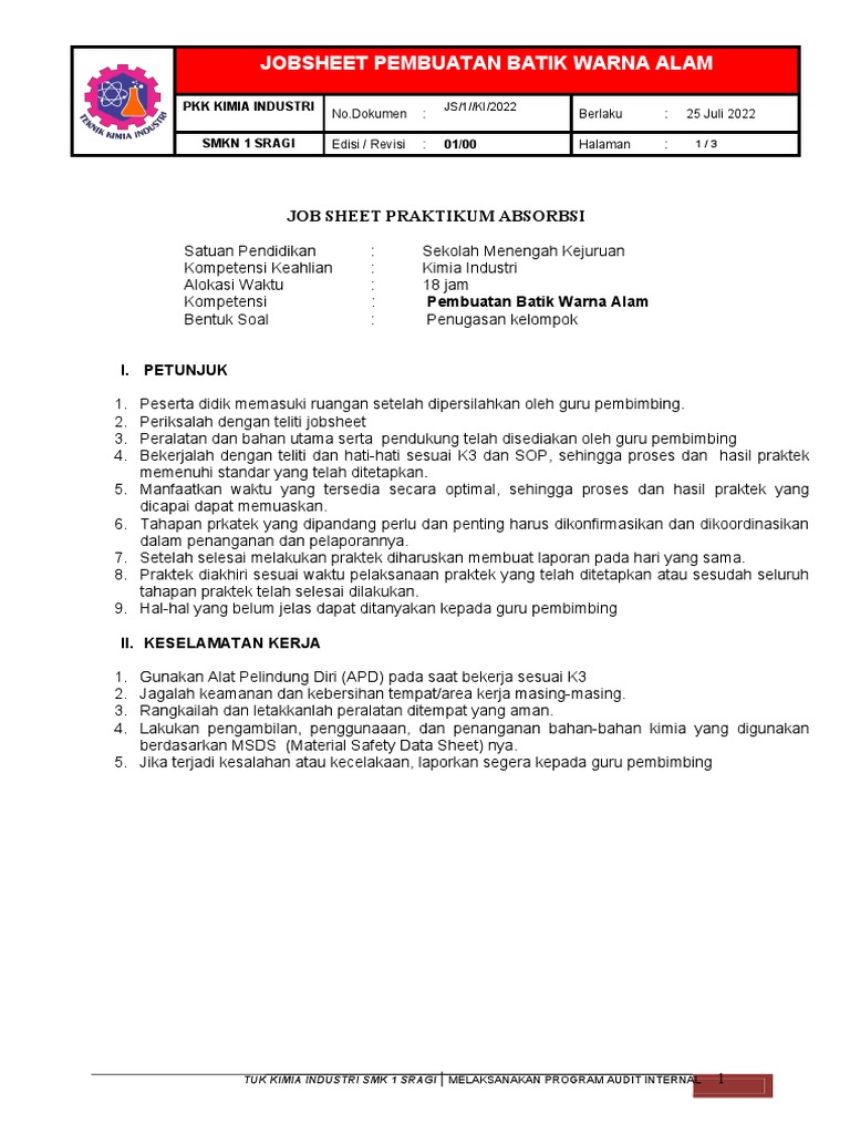 Jobsheet Praktikum Batik Warna Alam | PDF