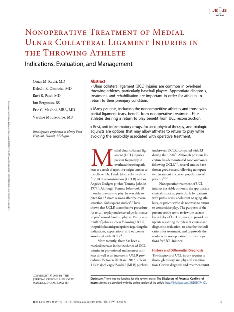 Nonoperative Treatment of UCL | PDF | Elbow | Anatomical Terms Of Motion