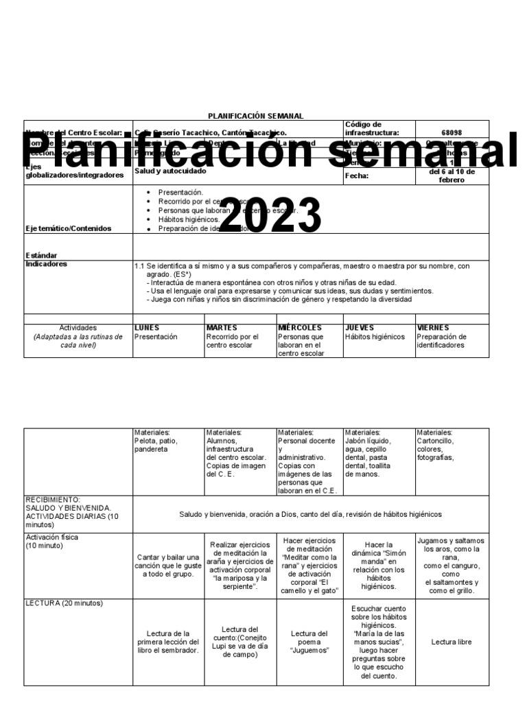 Planificación Semanal Primer Grado 2023 | PDF