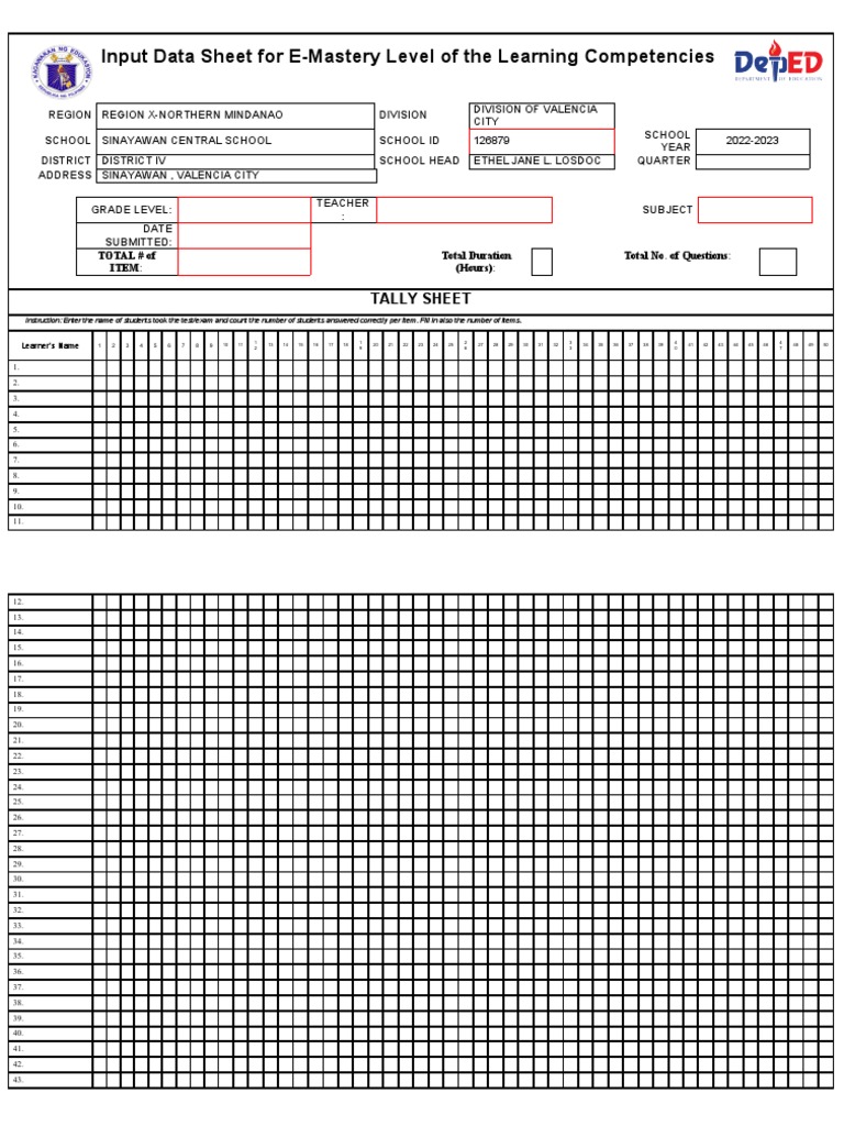 Tally Sheet For E-Mastery Level | PDF | Behavior Modification | Tests