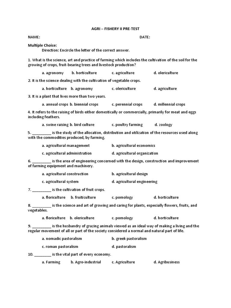 Pre Test For Agri-Fishery | PDF | Agriculture | Horticulture