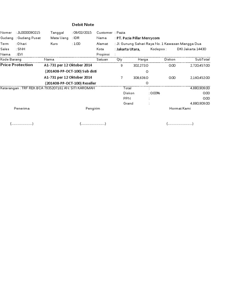 PT. Pazia Pillar Mercycom Jakarta Utara,: Debit Note | PDF