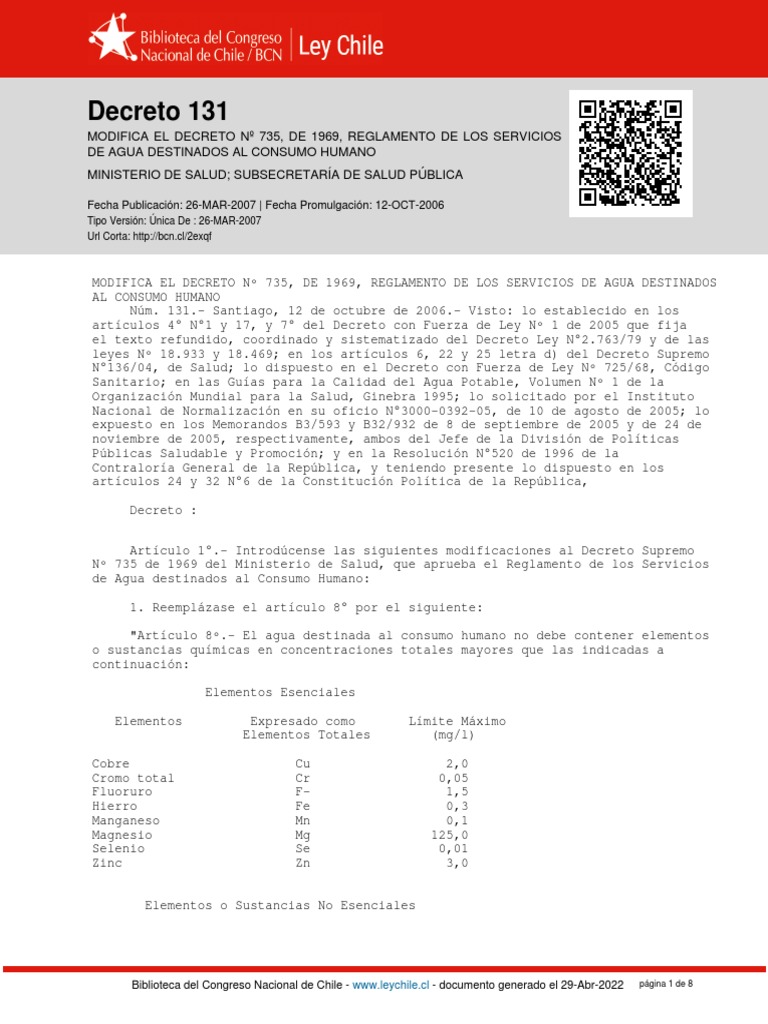 Dto-131 - 26-Mar-2007 Norma Chilena Agua Potable | PDF | Agua potable | Agua