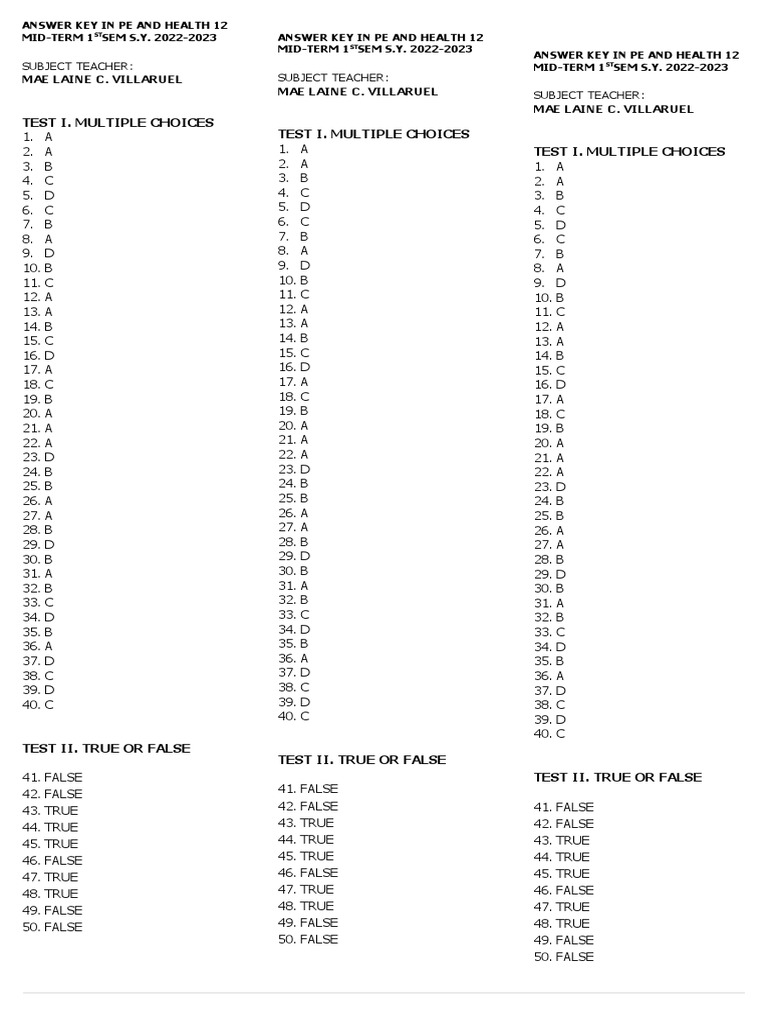 PE 12 SY 2022-2023 (Midterm Answer Key) | PDF | Standardized Tests ...