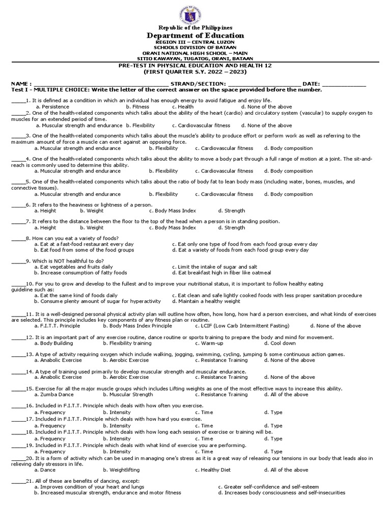 Pe 12 Pre-Test 2022-2023 | Download Free PDF | Strength Training ...