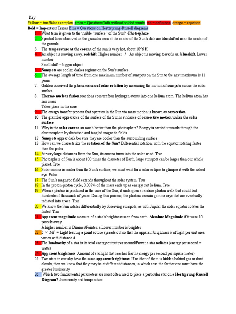 Test 2 Cheat Sheet | PDF | Sun | Stars