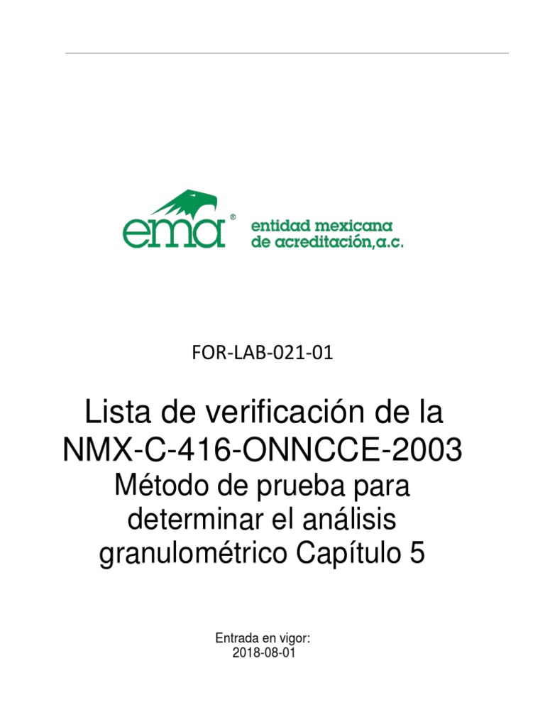 NMX C 416 Onncce Cap. 5 - Granulometría | PDF | Laboratorios | Calibración