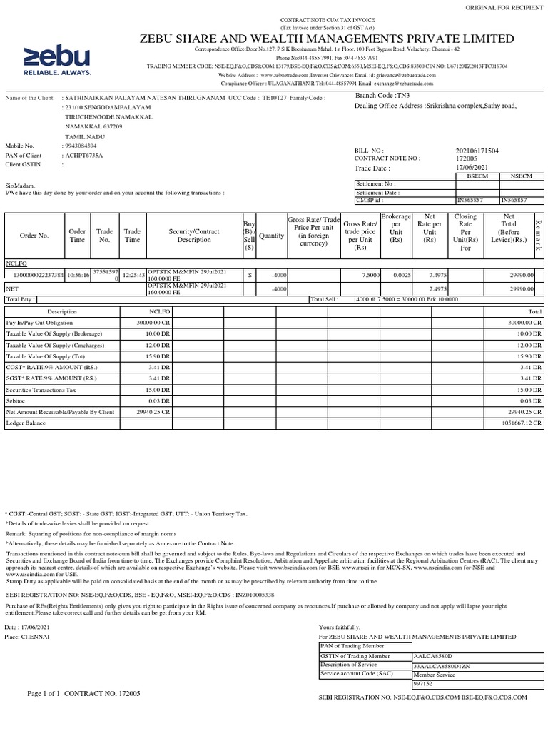 Zebu Share Management Contract Note | PDF | Taxes | Government Finances