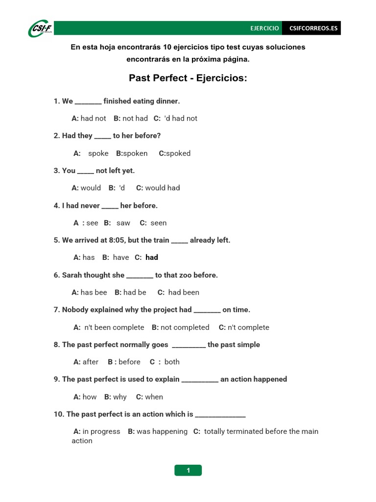 Past Perfect - Ejercicios | PDF