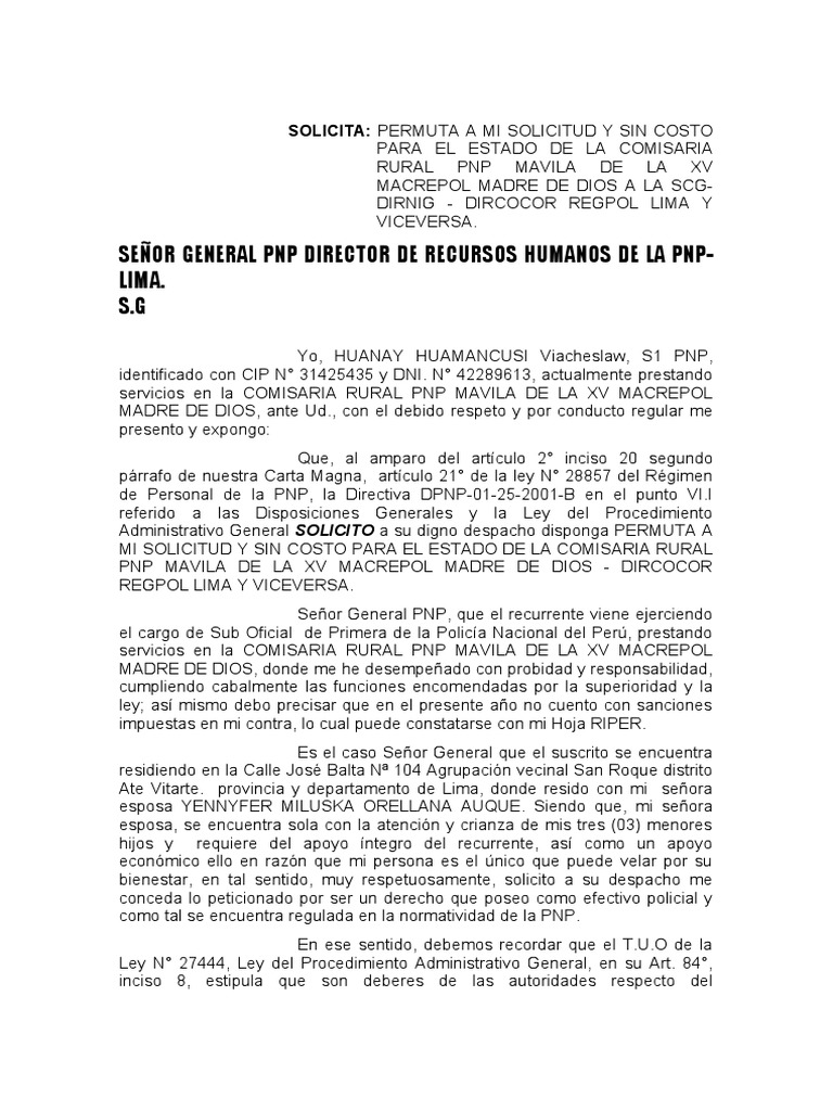 Solicitud de Permuta PNP Sin Costo | PDF | Policía | Gobierno
