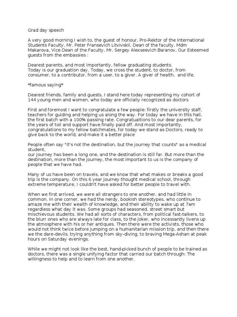 Graduation Speech | PDF | Wellness | Medical