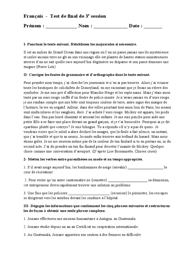 Test 3 Français | PDF | Linguistique