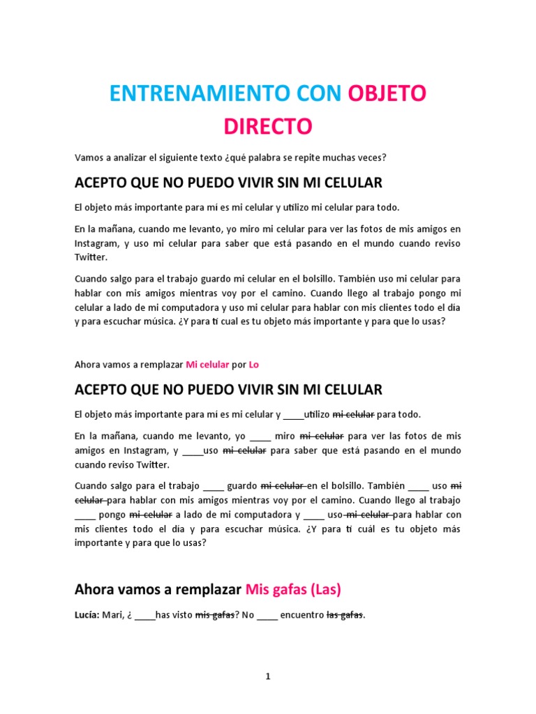 Entrenamiento Con Objeto Directo e Indirecto | PDF | Objeto (gramática)