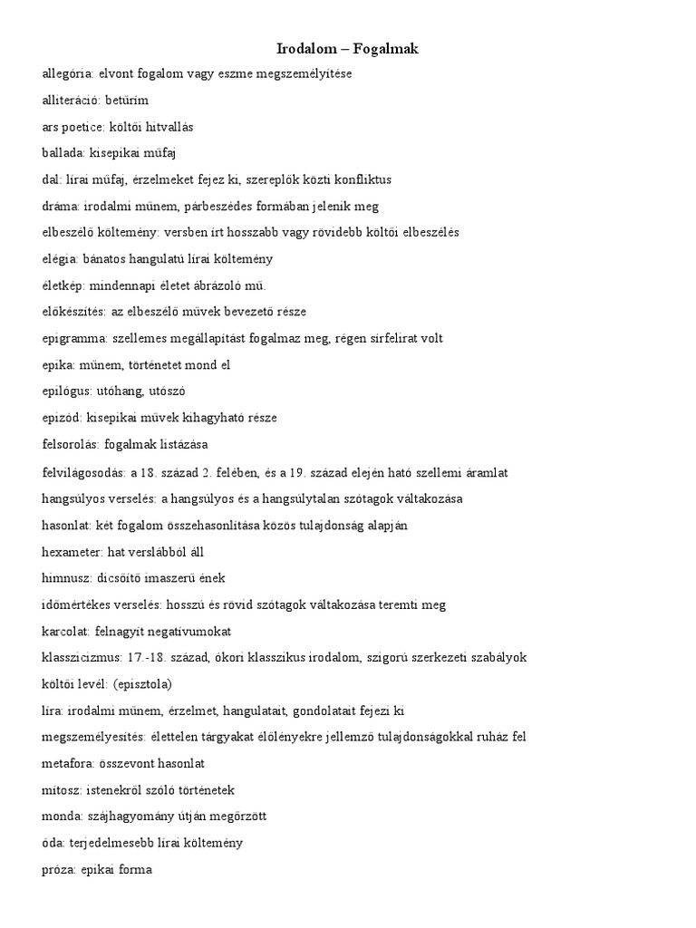 Irodalom - Fogalmak | PDF