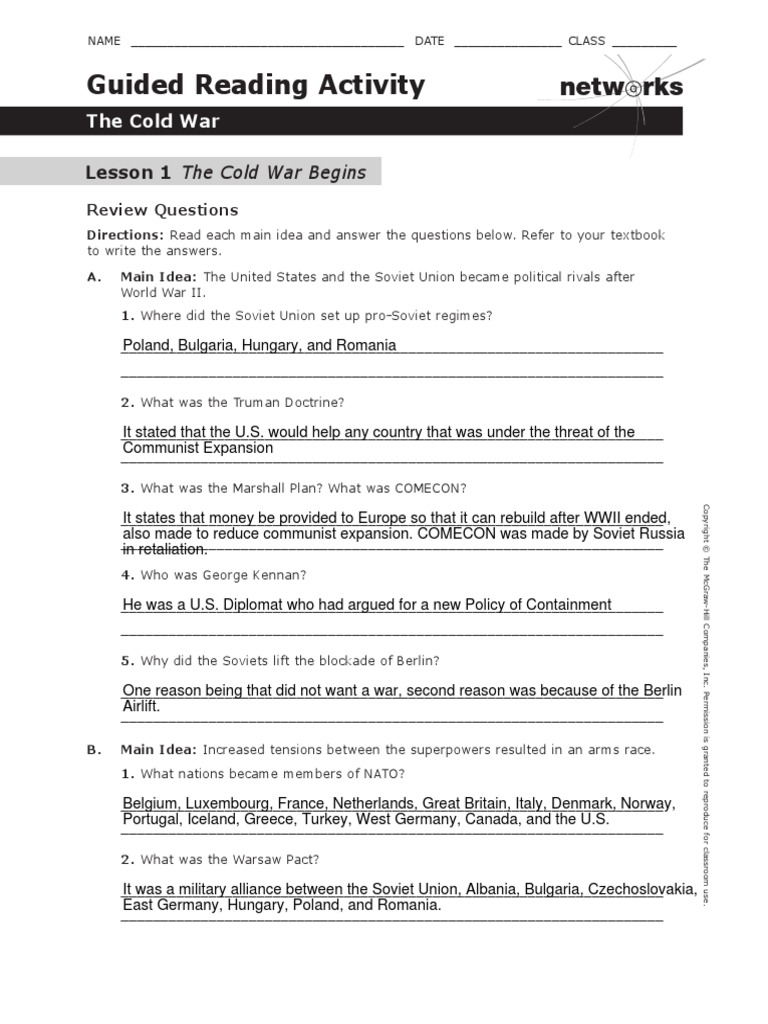 Netw Rks Guided Reading Activity: Lesson 1 The Cold War Begins | PDF ...