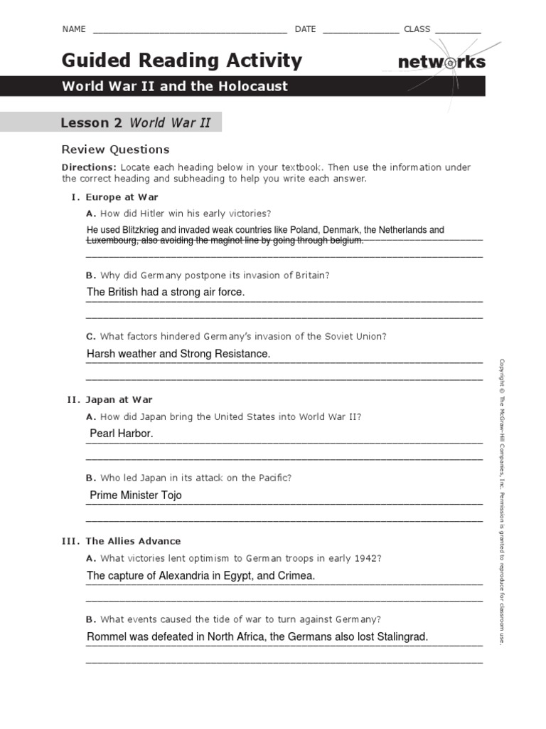 Netw Rks Guided Reading Activity: Lesson 2 World War II | PDF | World ...