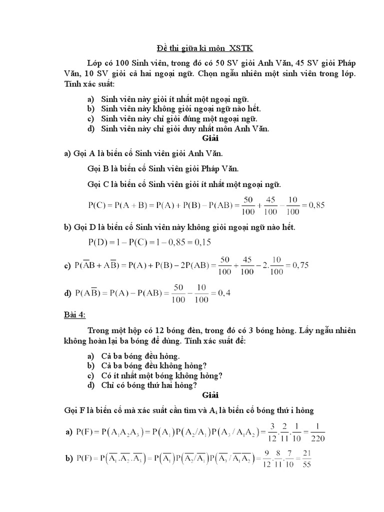 Đề Thi Giữa Kì Môn XSTK (Sửa) | PDF