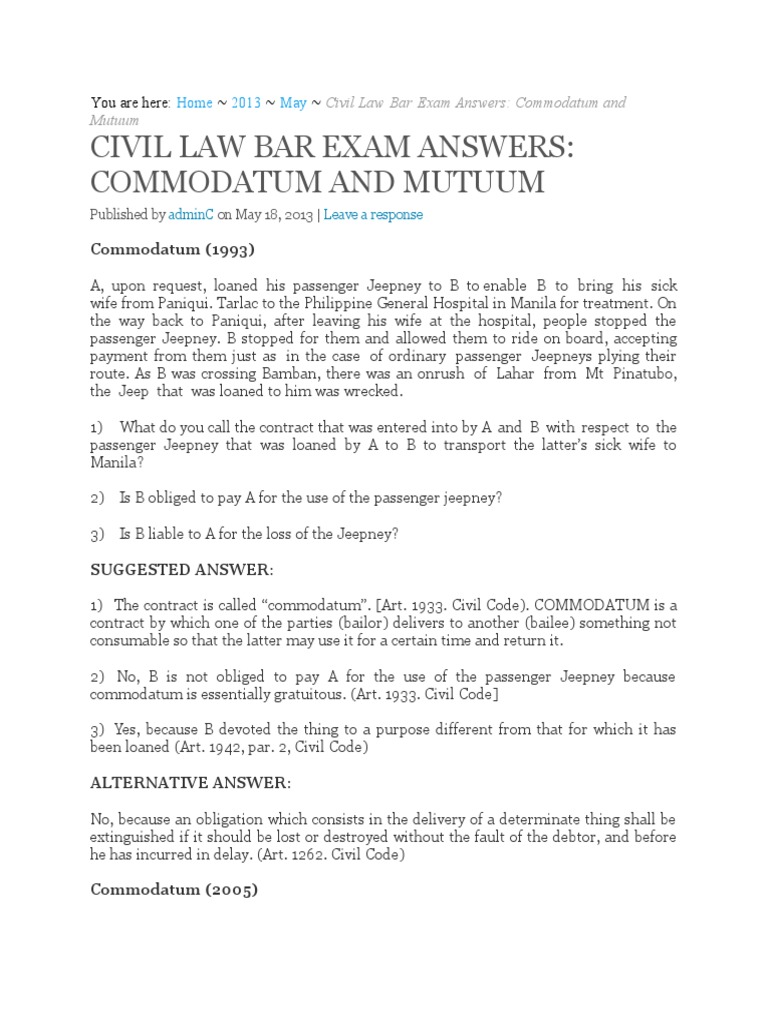 Civil Law Bar Exam Answers: Commodatum and Mutuum: You Are Here | PDF ...