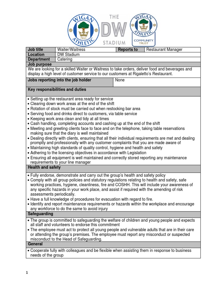 Waiter Waitress | PDF | Waiting Staff | Occupational Safety And Health