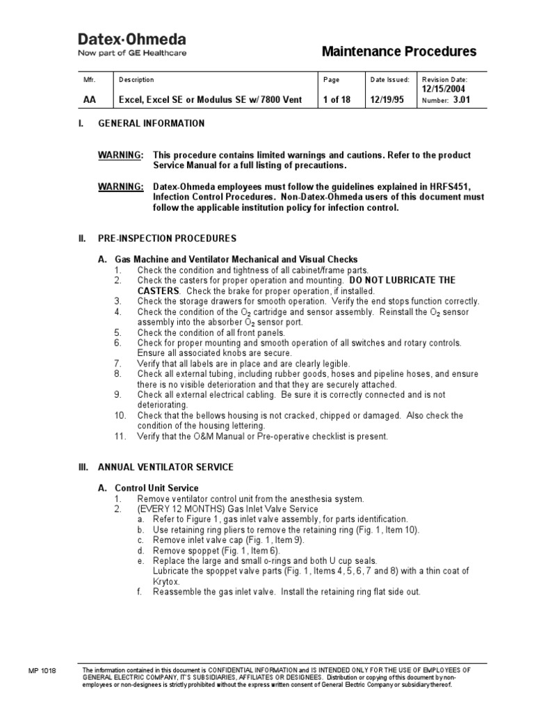 Datex Ohmeda Excel 210 Modulus Maintenance Procedures | PDF | Valve ...