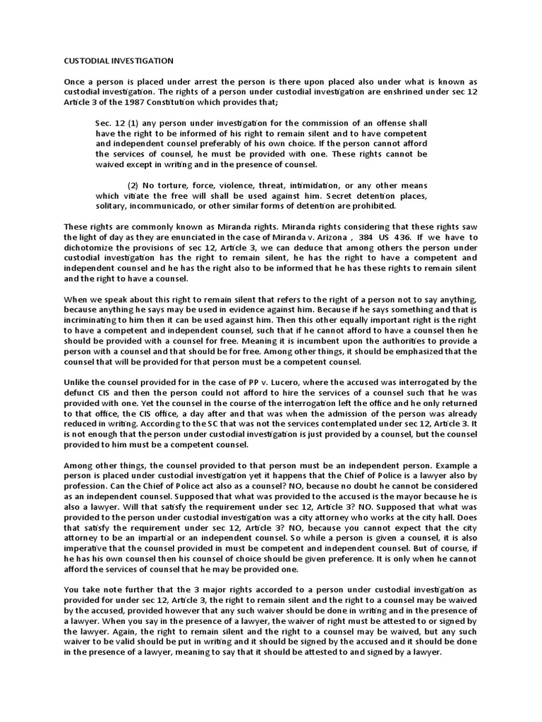 Custodial Investigation | PDF | Miranda Warning | Confession (Law)