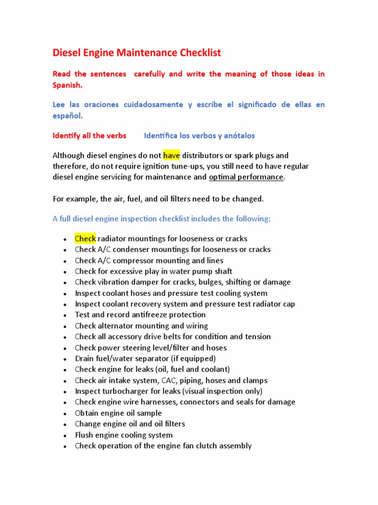 Diesel Engine Maintenance Checklist | PDF | Diesel Fuel | Diesel Engine
