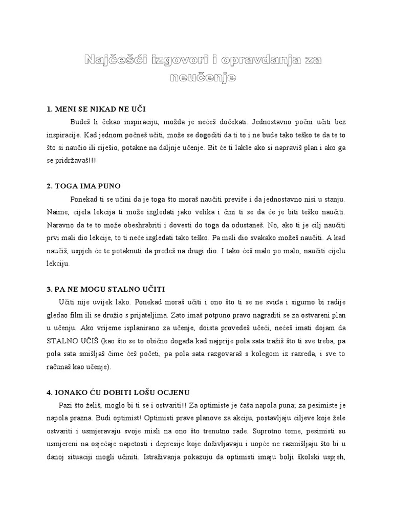Najčešći izgovori i opravdanja za neučenje | PDF