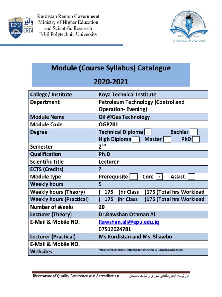 Module (Course Syllabus) Catalogue For All Degree Rawshan Oil and Gas ...