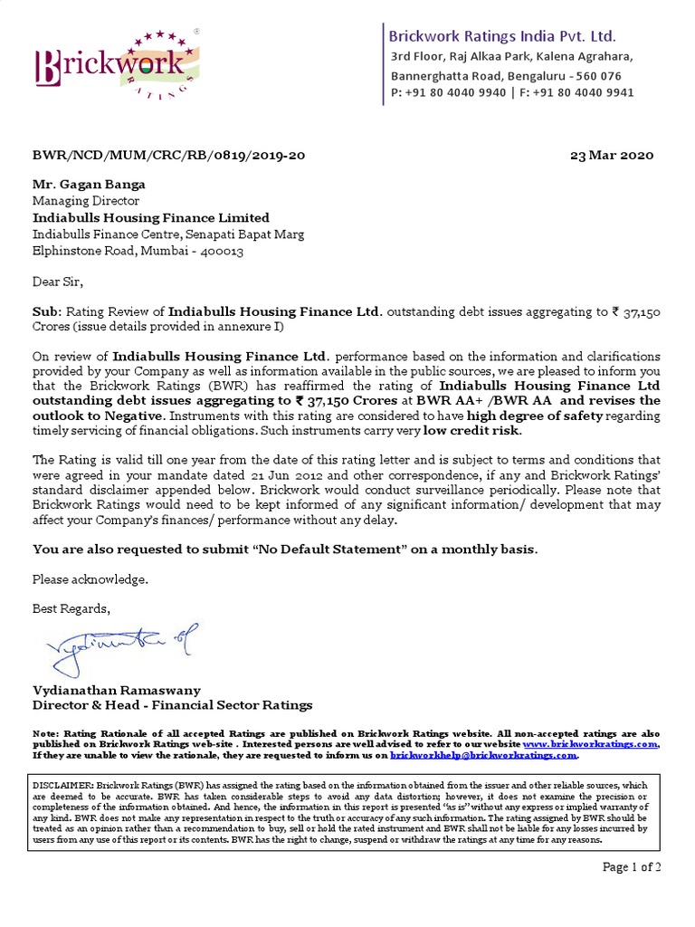 Brickwork Rating Letter - IBHFL Long Term | PDF | Private Law