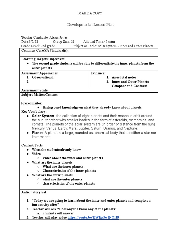 Inner and Outer Planets Solar System Lesson Plan | PDF | Solar System ...