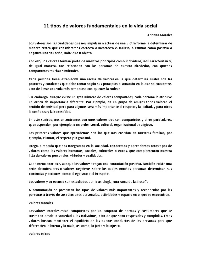 11 Valores Fundamentales en la Vida Social | PDF | Comportamiento ...
