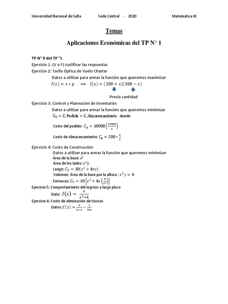 Aplicaciones de optimización a problemas económicos en el TP N° 9 de Matemática III | PDF ...