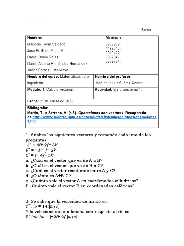 Ejercicios Tema 1 Matemáticas para Ingeniería | PDF | Vector Euclidiano ...