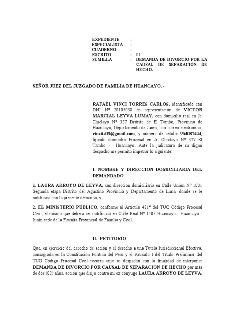 Demanda de Divorcio Por Separacion de Hecho | PDF | Divorcio | Matrimonio