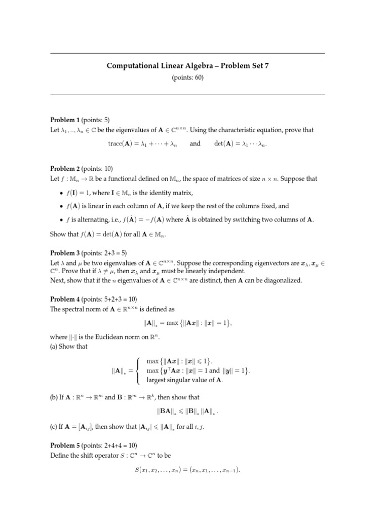 Computational Linear Algebra Problem Set 7 Pdf Eigenvalues And Eigenvectors Functions