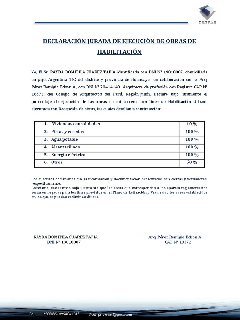 Declaración Jurada de Ejecución de Obras | PDF