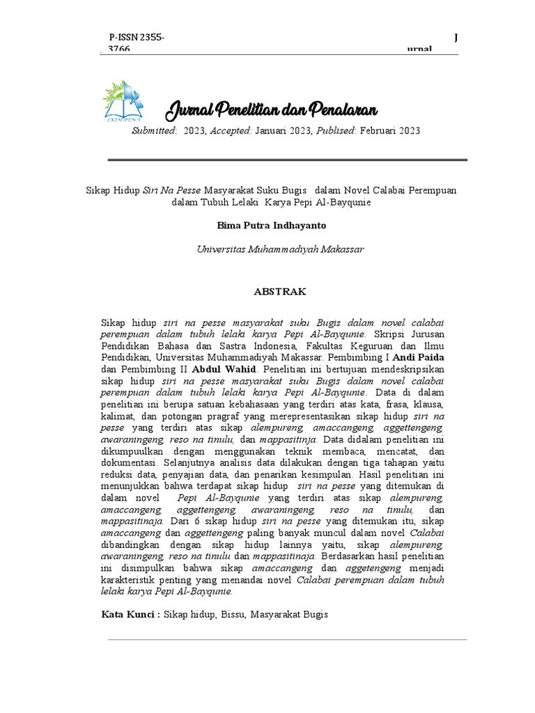 Sikap Hidup Siri Na Pesse Masyarakat Suku Bugis Dalam Novel Calabai ...