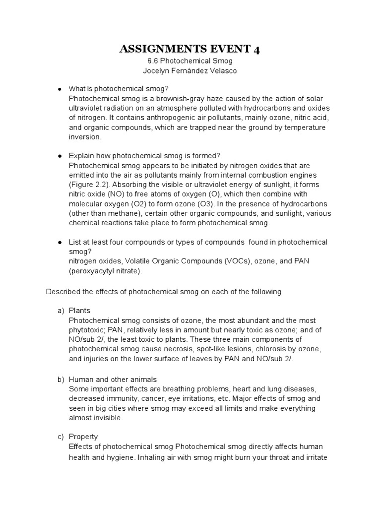 ASSIGNMENTS EVENT 4 6.6 Photochemical Smog Jocelyn Fernández Velasco | Download Free PDF | Smog ...