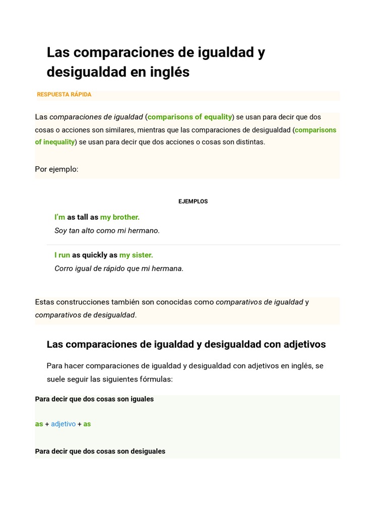 Las Comparaciones de Igualdad y Desigualdad en Inglés | PDF ...