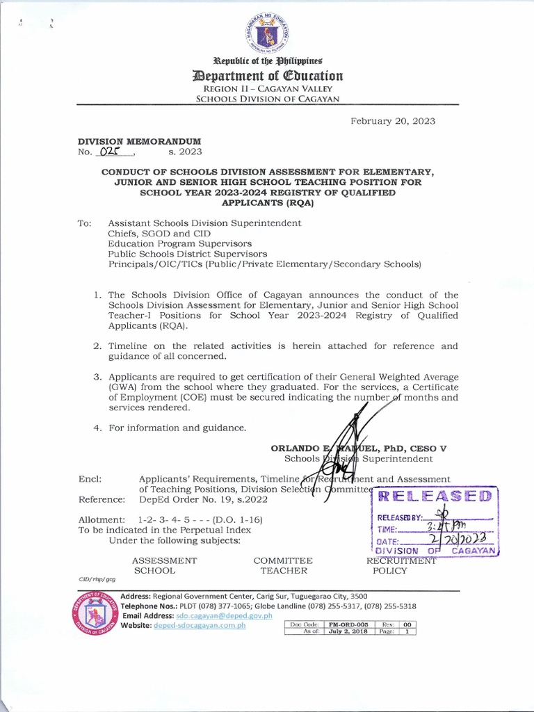 DVM No. 025 S. 2023 Conduct of Division Assessment For Elementary, Jhs ...