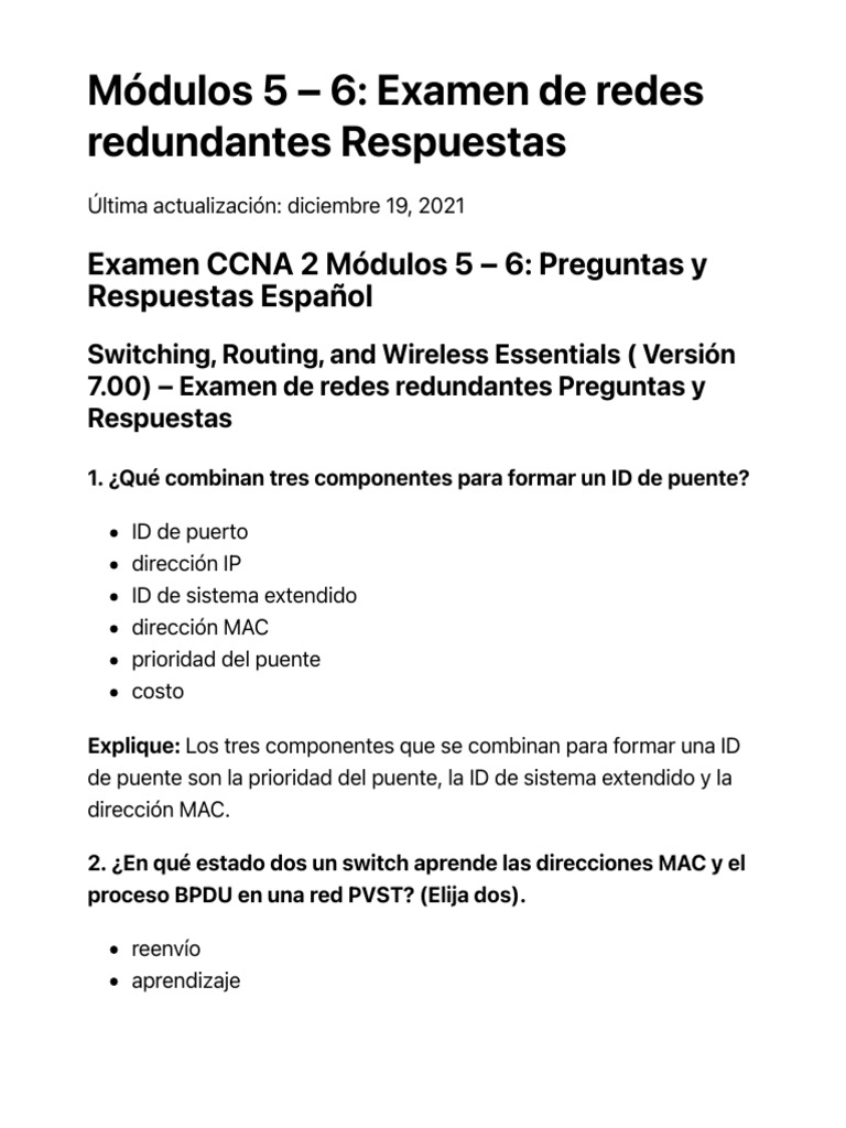 Módulos 5 - 6 - Examen de Redes Redundantes Respuestas | PDF ...