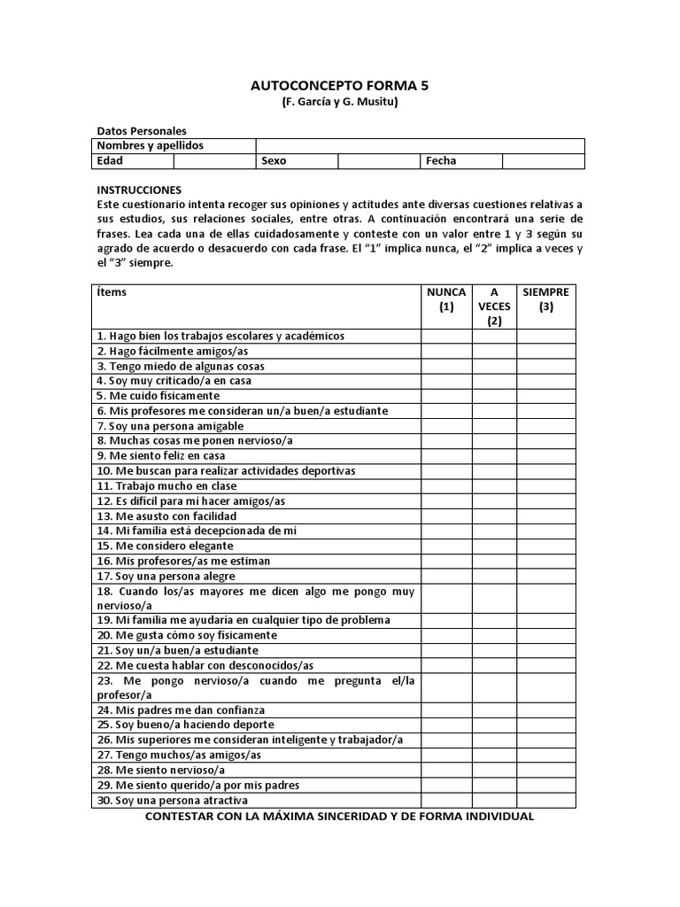 Test Autoconcepto Forma 5 Protocolo | PDF