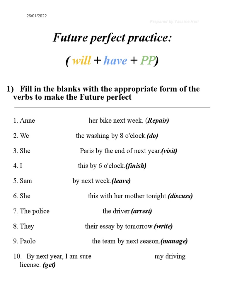Future Perfect Tense Exercises | PDF | Language Arts & Discipline