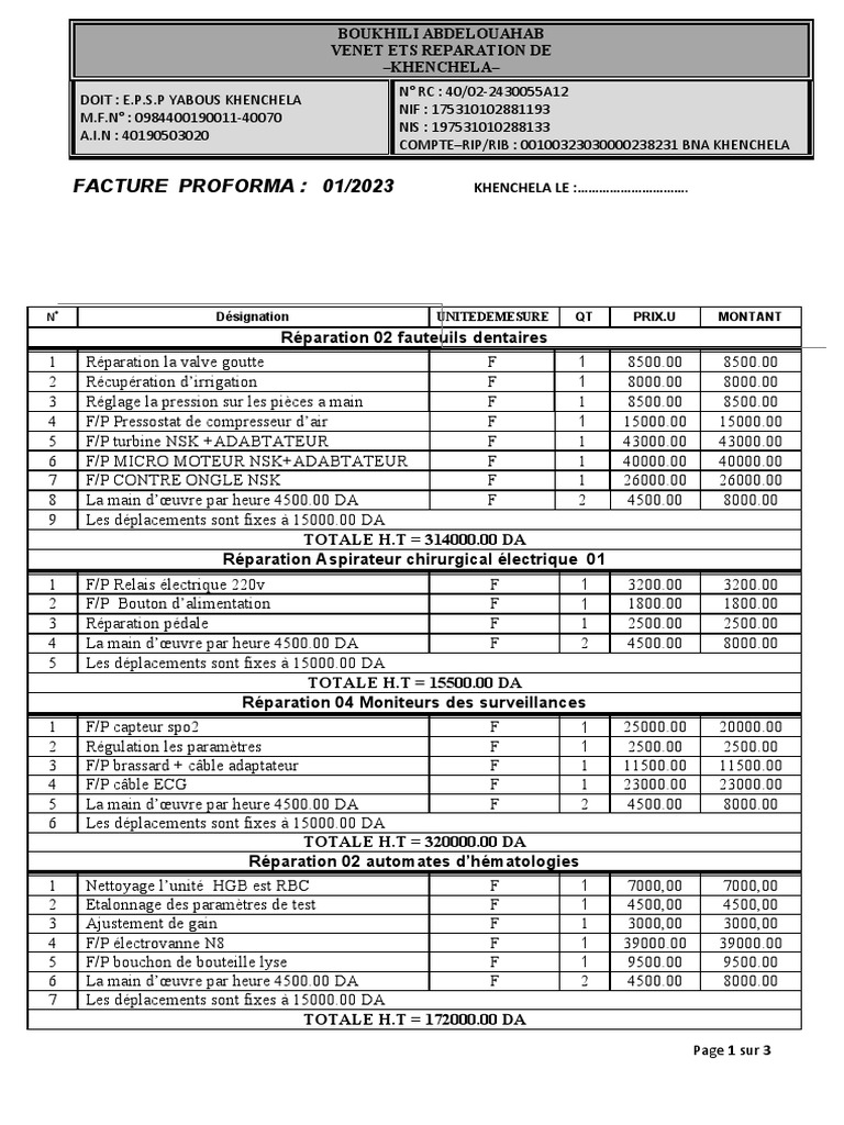 Facture Proforma de Réparation Médicale | PDF | Technologies du gaz