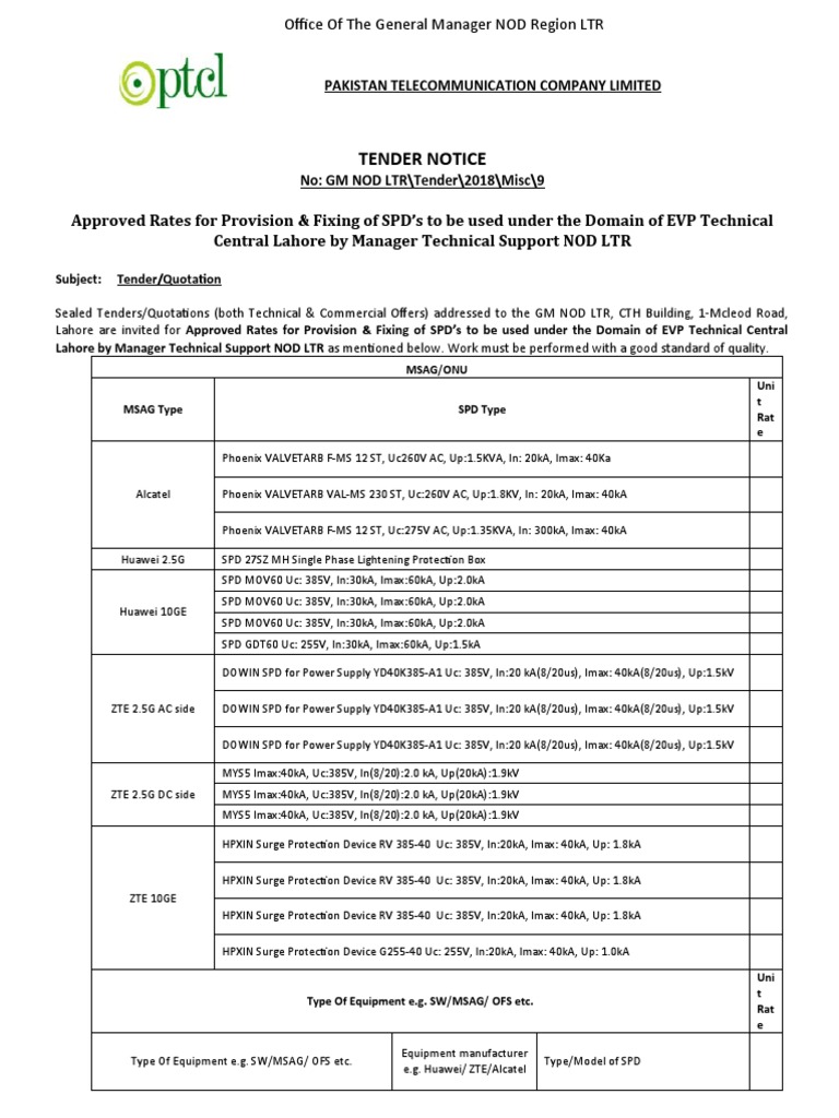 PTCL Tender for SPD Provision & Fixing | PDF | Power Supply | Service ...