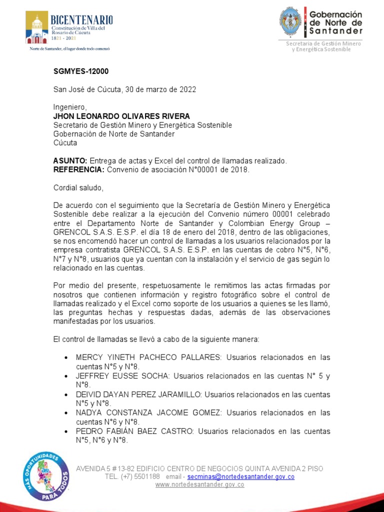 Oficio de Entrega de Actas y Excel | PDF