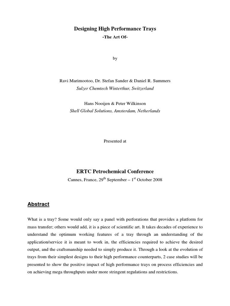 Designing High Performance Trays for Optimum Mass Transfer: A Case ...