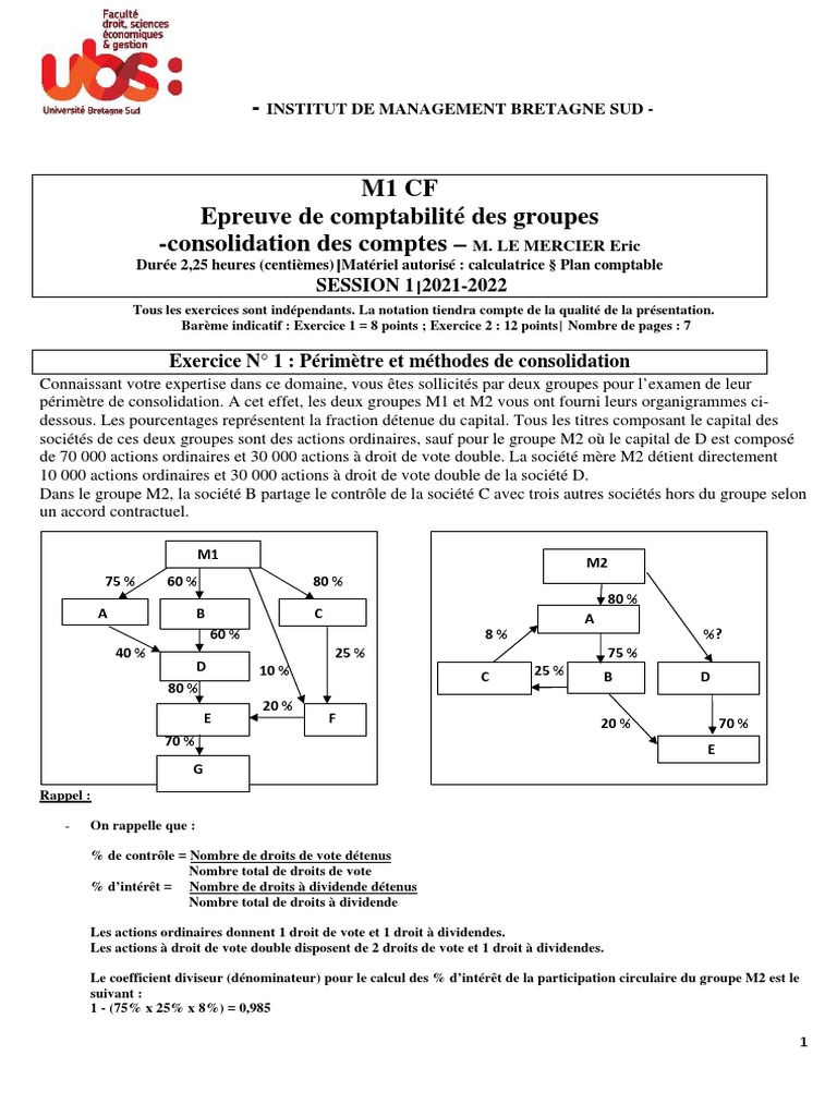 Examen Conso m1 2021 2022 | PDF | Capitaux propres | Bilan comptable